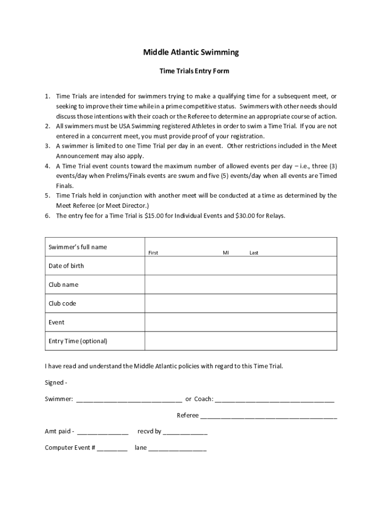 Fillable Online Middle Atlantic Swimming - Time Trials Entry Form Fax ...