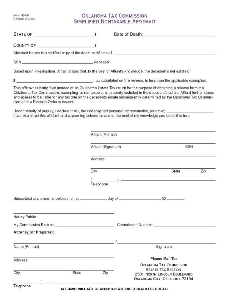 Fillable Online Form 454-N Simplified Nontaxable Affidavit Fax Email ...