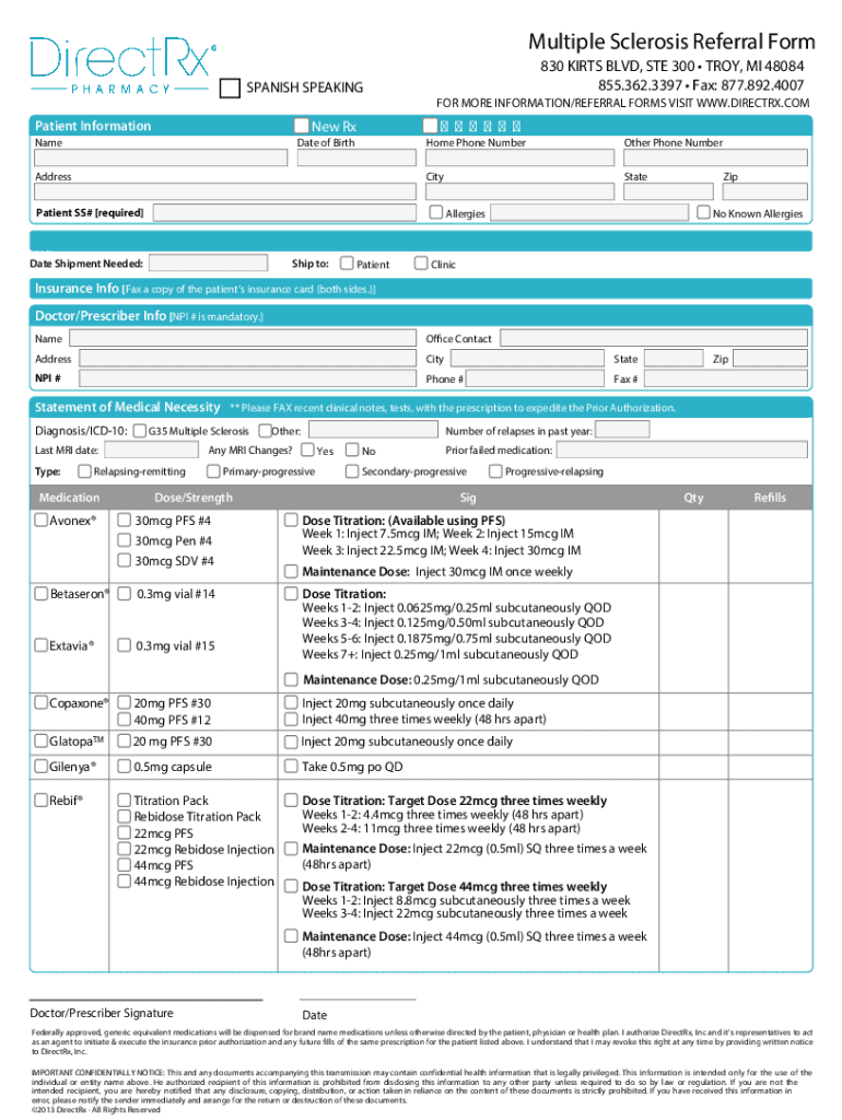 Fillable Online DirectRx Multiple Sclerosis Referral Form Fax Email ...