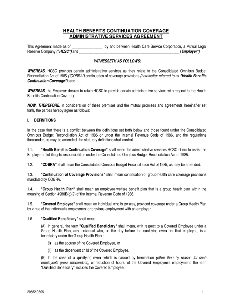 Fillable Online COBRA Continuation of Coverage Agreement Form. COBRA ...