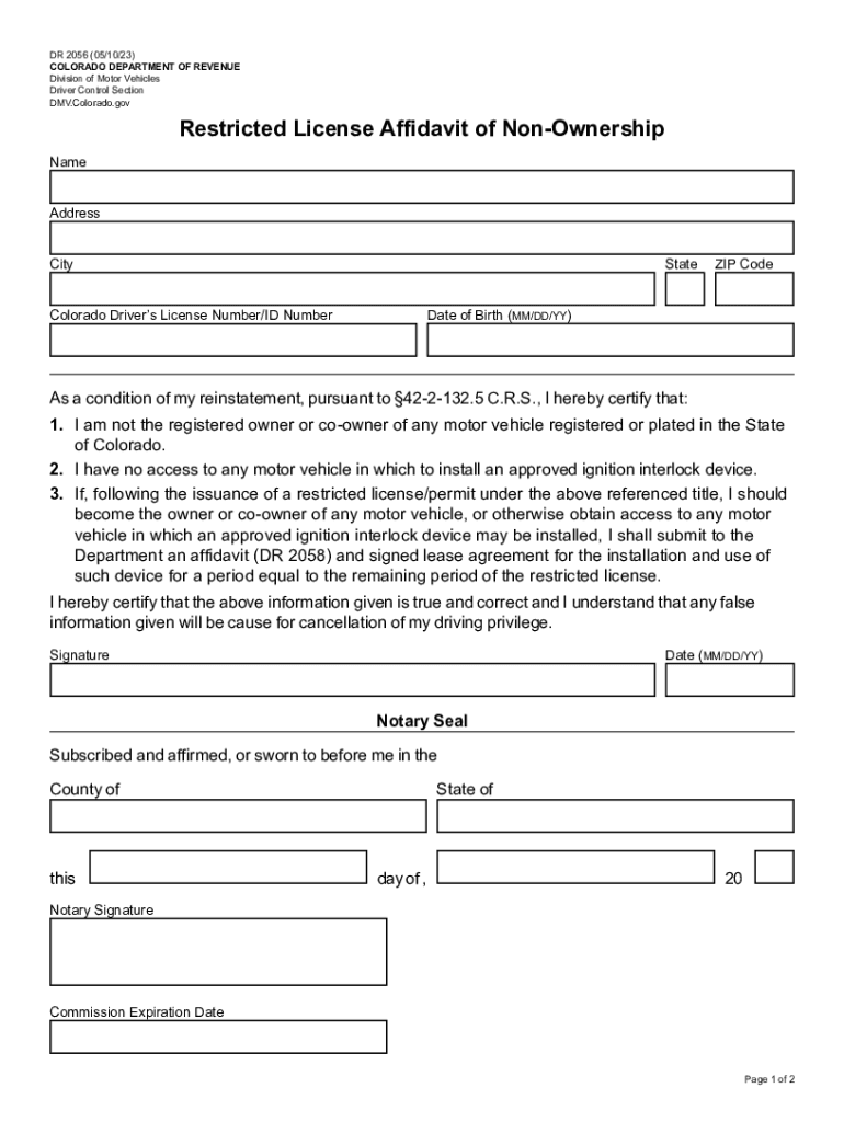 Colorado Restricted License Affidavit of Non-Ownership - Blank Fillable ...
