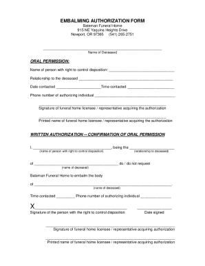 Fillable Online EMBALMING AUTHORIZATION FORM Fax Email Print - pdfFiller