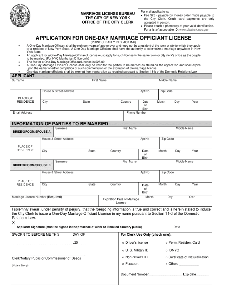 Fillable Online APPLICATION FOR ONE-DAY MARRIAGE OFFICIANT ... Fax ...