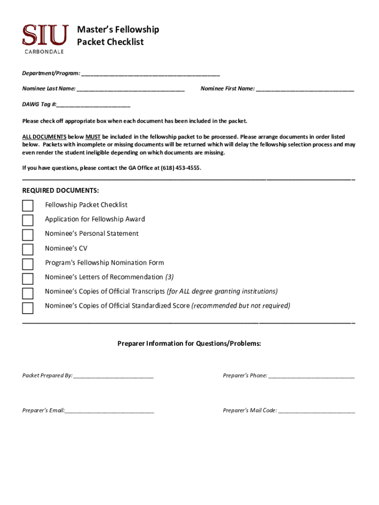 Fillable Online gradschool siu graduate dean's fellowship packet checklist Fax Email Print ...
