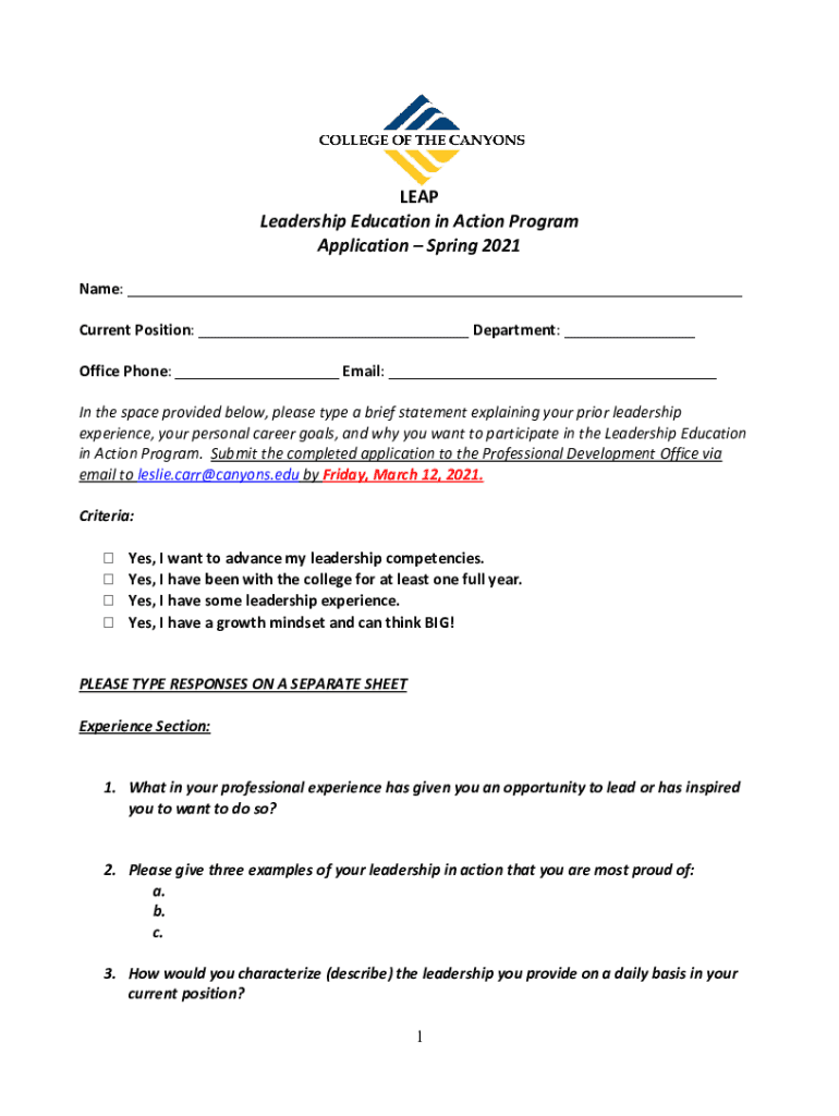 Fillable Online LEAP Leadership Education in Action Program Application Fax Email Print - pdfFiller