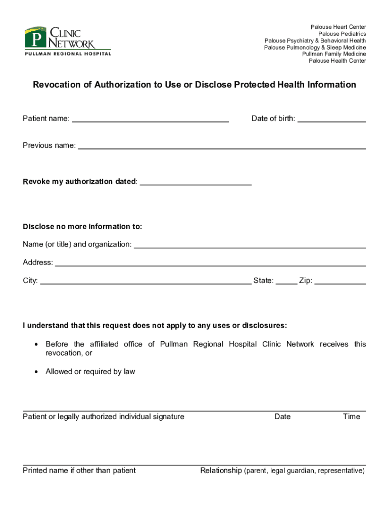Fillable Online Revocation of Authorization to Use or Disclose Protected ... Fax Email Print ...