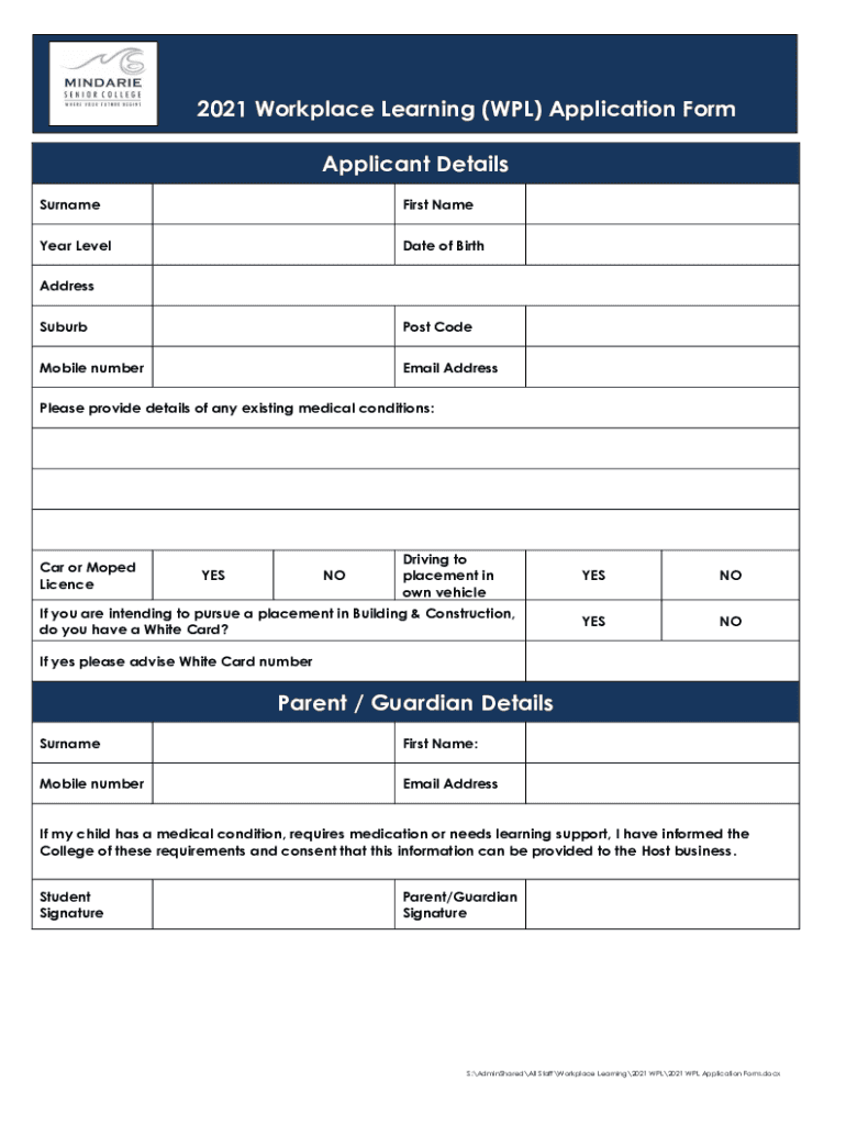 Fillable Online 2021 Workplace Learning (WPL) Application Form Fax ...
