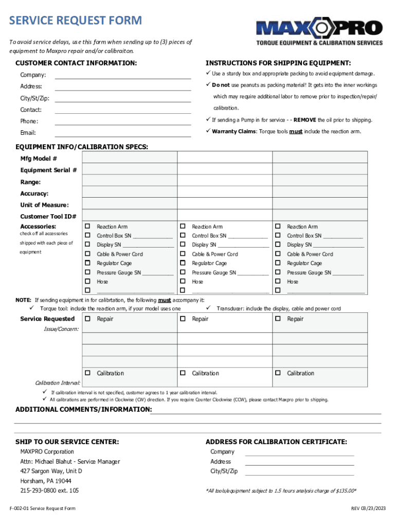 Fillable Online Calibration Request FormTorque Tools - Maxpro ...
