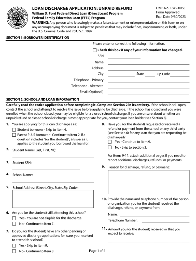Fillable Online Loan Discharge Application: Unpaid Refund Fax Email ...