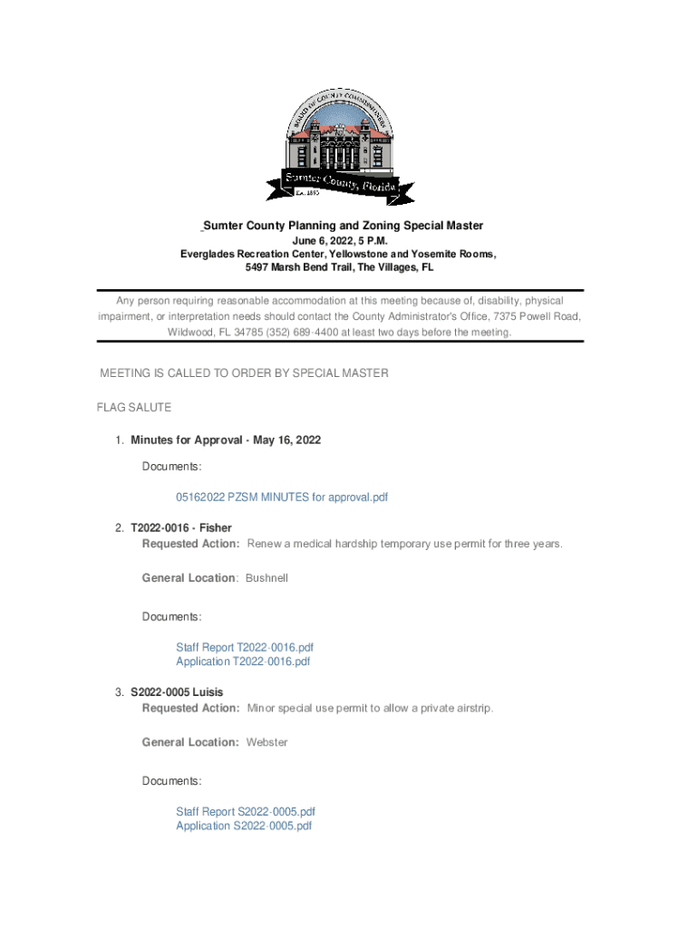 Fillable Online Planning and Zoning Special Master Schedule, Agendas ...