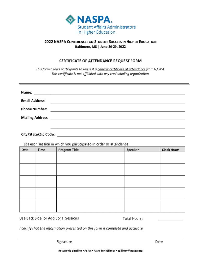 Fillable Online CERTIFICATE OF ATTENDANCE REQUEST FORM Fax Email Print ...