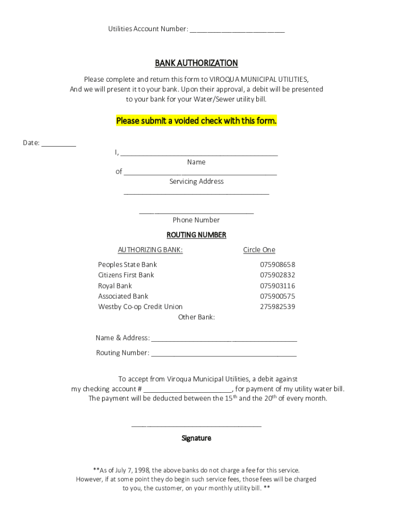 Fillable Online BANK AUTHORIZATION Please submit a voided check with ...