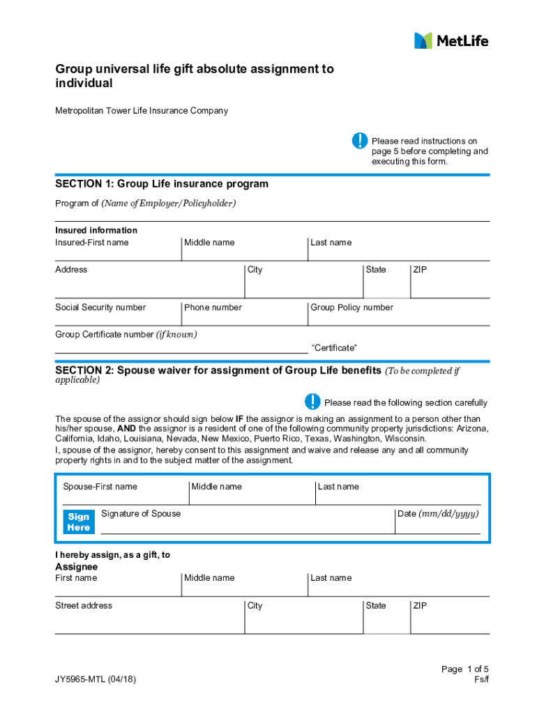 Fillable Online Group universal life gift absolute assignment to individual Fax Email Print ...