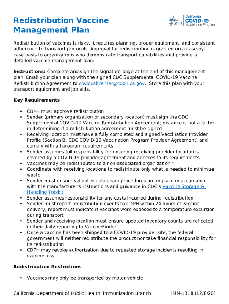 Redistribution Vaccine Management Plan Doc Template | pdfFiller