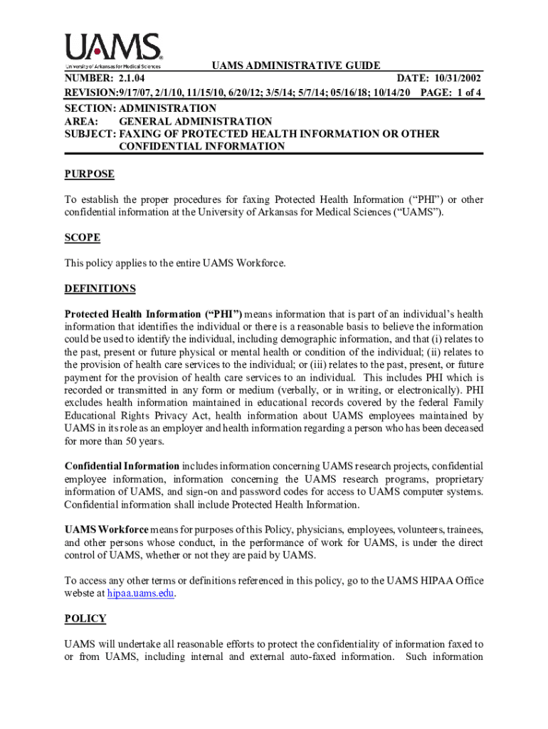 Fillable Online hipaa uams 3.1.19 Faxing Policy and Form Fax Email Print - pdfFiller