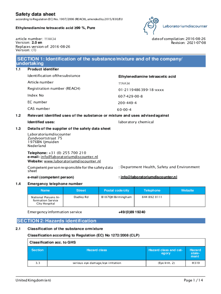 Fillable Online Safety Data Sheet: Ethylenediamine tetraacetic acid Fax ...