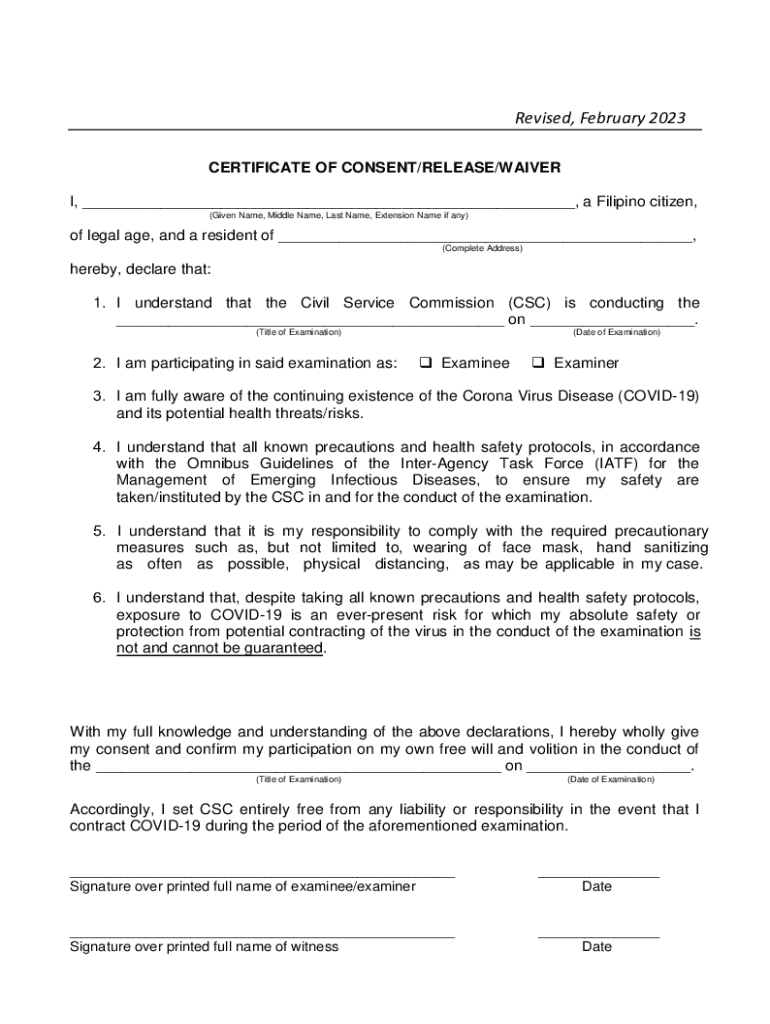 Fillable Online CERTIFICATE OF CONSENT/RELEASE/WAIVER I Fax Email Print - pdfFiller