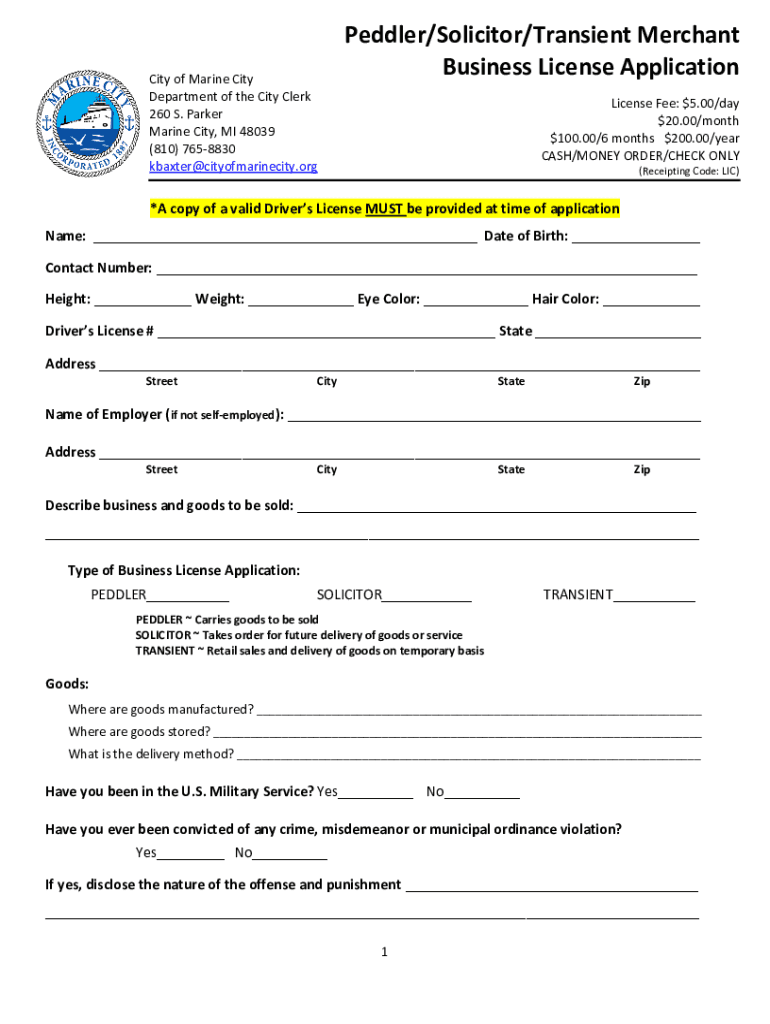 Fillable Online Peddler/Solicitor/Transient Merchant Business License ...