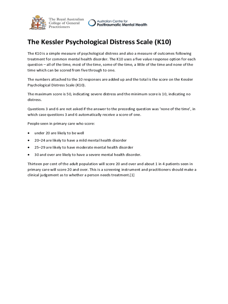 Fillable Online Clinical use of the Kessler psychological distress ...
