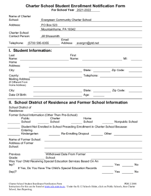 Fillable Online Charter School Student Enrollment Notification Form - Evergreen ... Fax Email ...