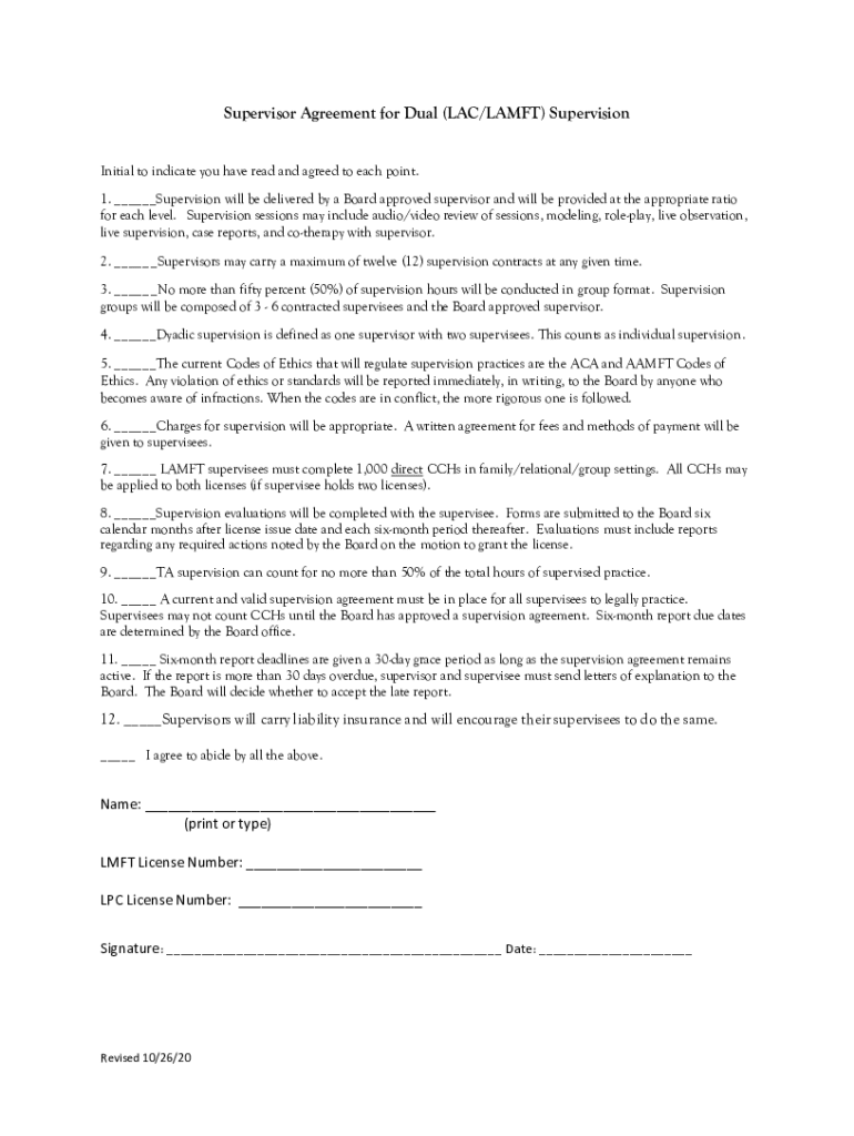 Fillable Online Supervisor Agreement for Dual (LAC/LAMFT) Supervision ...