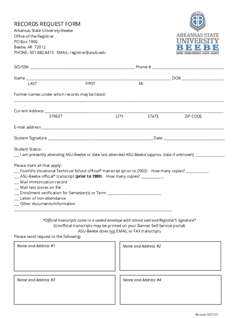 Fillable Online Transcript RequestArkansas State University-Beebe Fax Email Print - pdfFiller