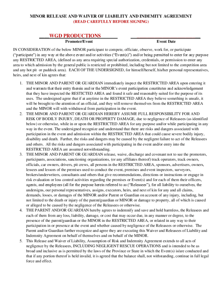 Fillable Online minor release and waiver of liability and indemity ...