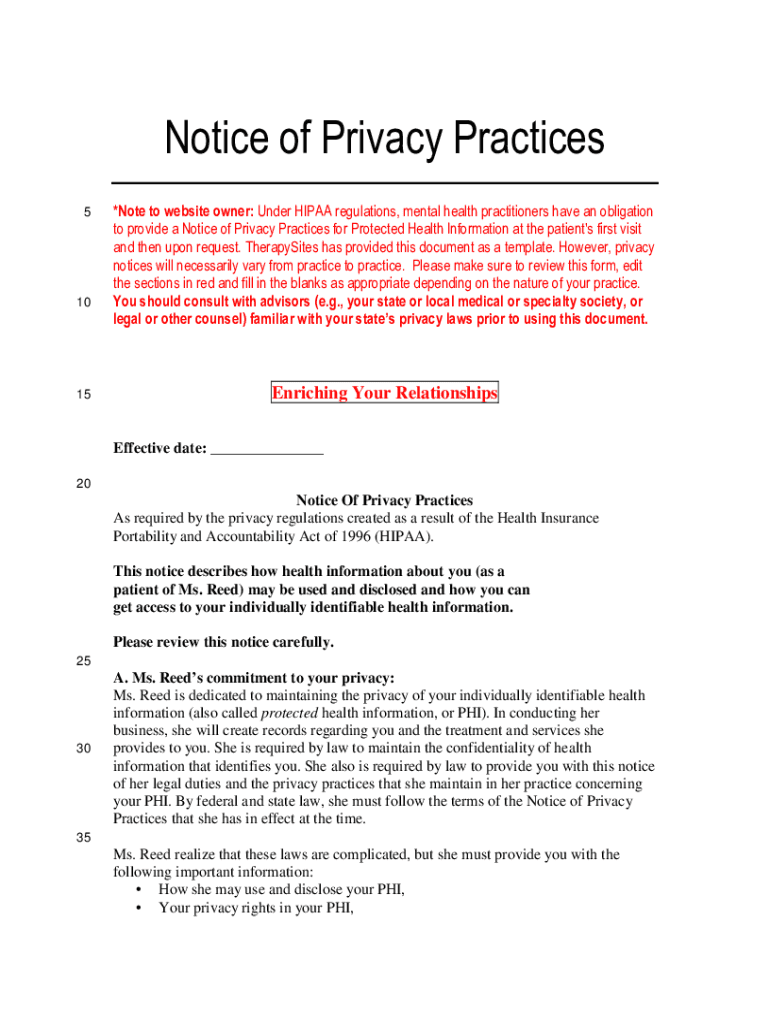 Fillable Online Notice of Privacy Practices - Enriching Your Relationships Fax Email Print ...
