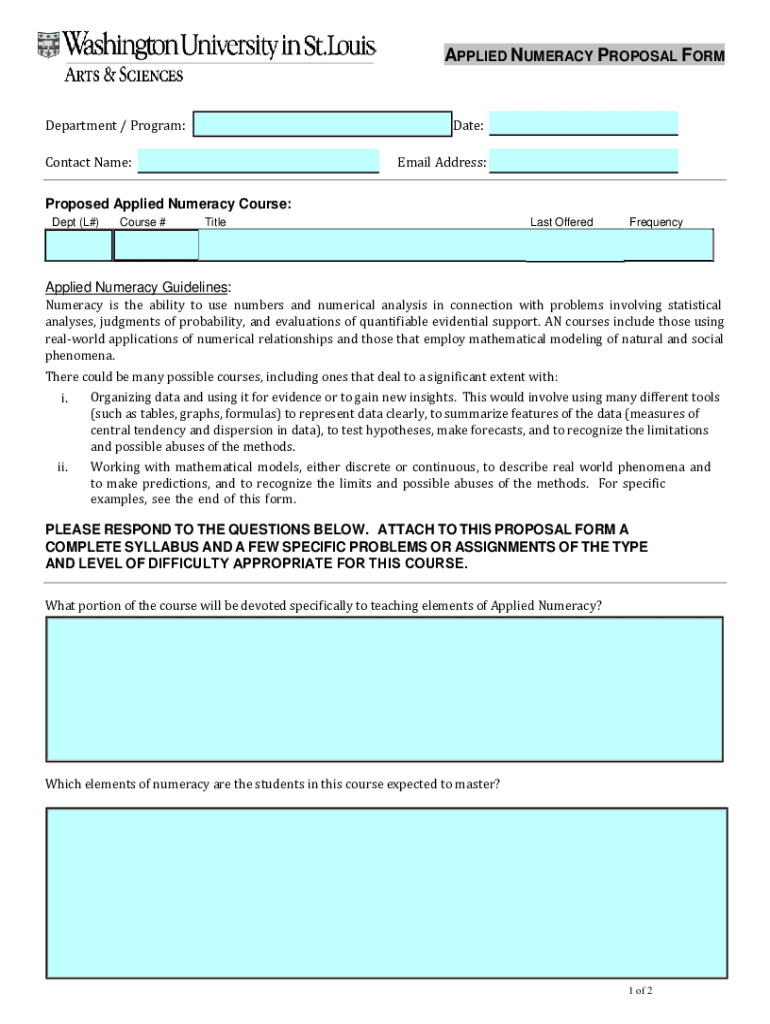 Fillable Online artsci wustl Applied Numeracy Proposal Form Fax Email Print - pdfFiller
