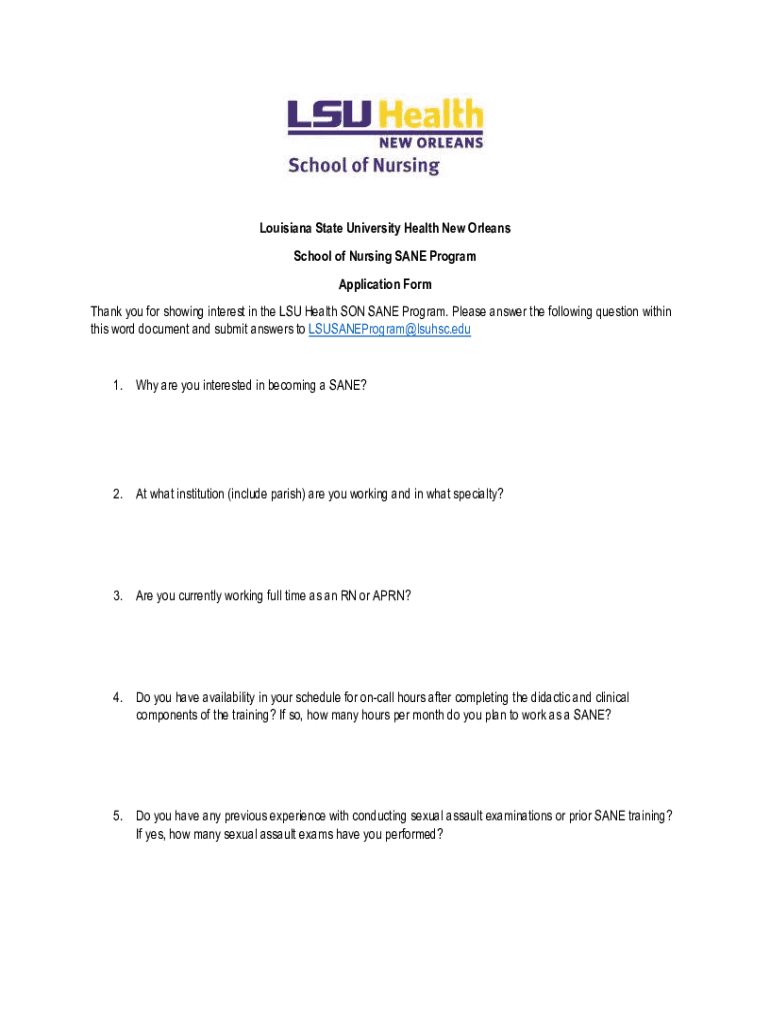 Fillable Online nursing lsuhsc SANE Program Application Form Fax Email ...