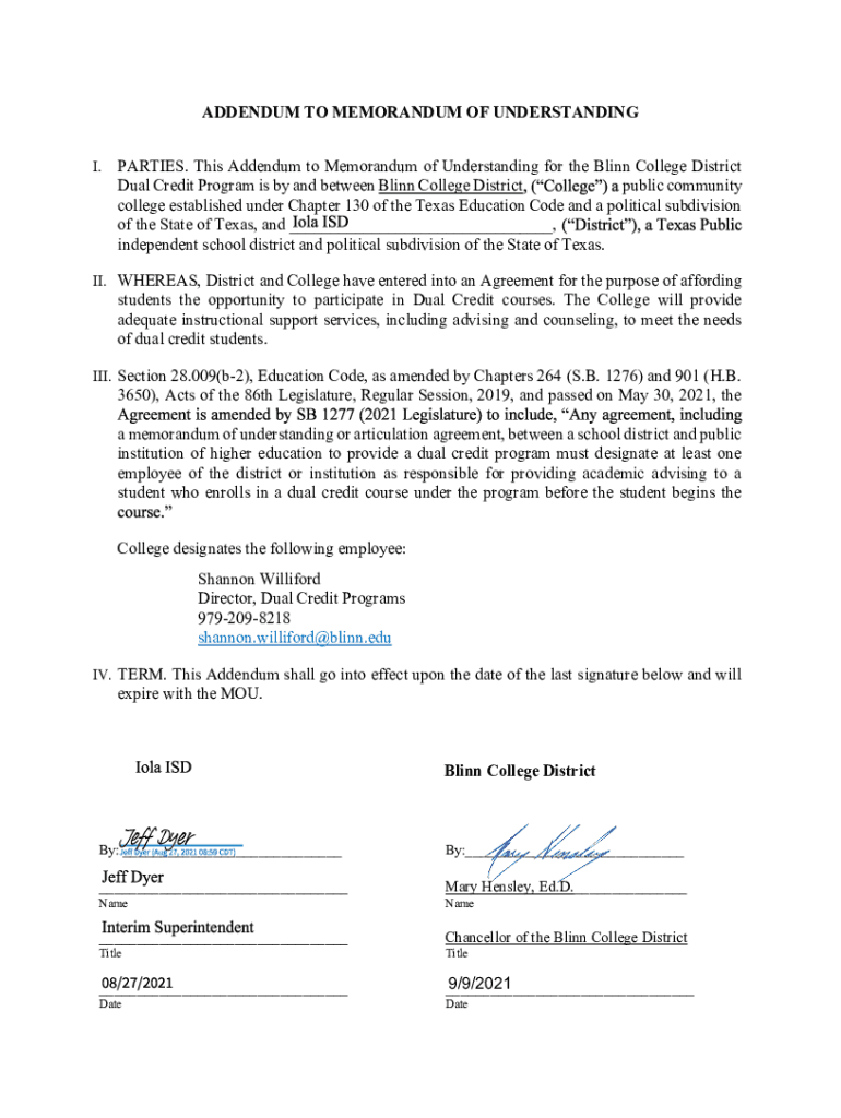 Fillable Online Iola ISD Addendum to Dual Credit MOU re SB 1277 ...