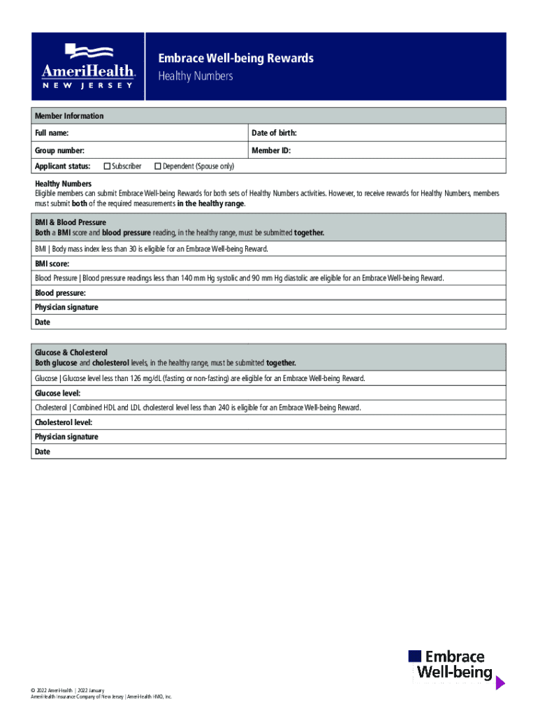 Fillable Online Embrace Well-being Rewards. Health numbers form for ...