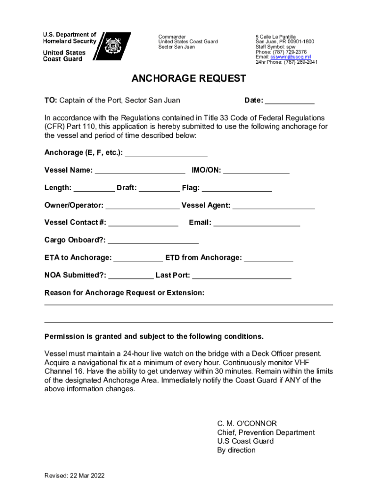 Fillable Online ANCHORAGE REQUEST - USCG Homeport Fax Email Print ...