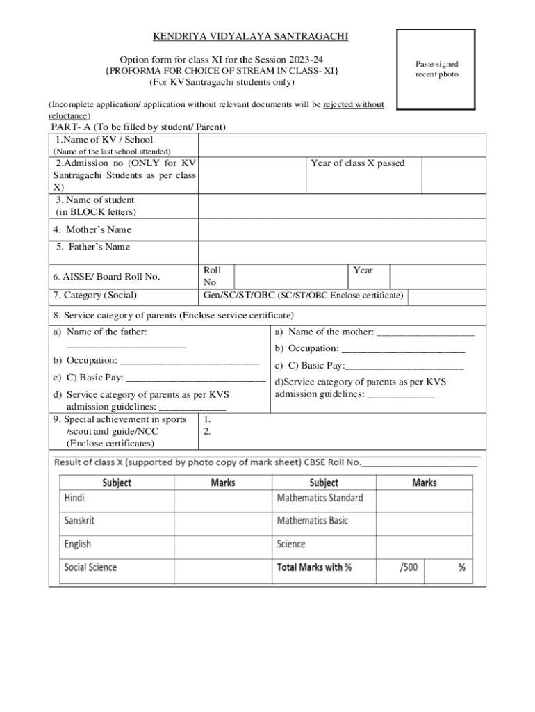 Fillable Online Option form for class XI for the Session 2023-24 Fax ...