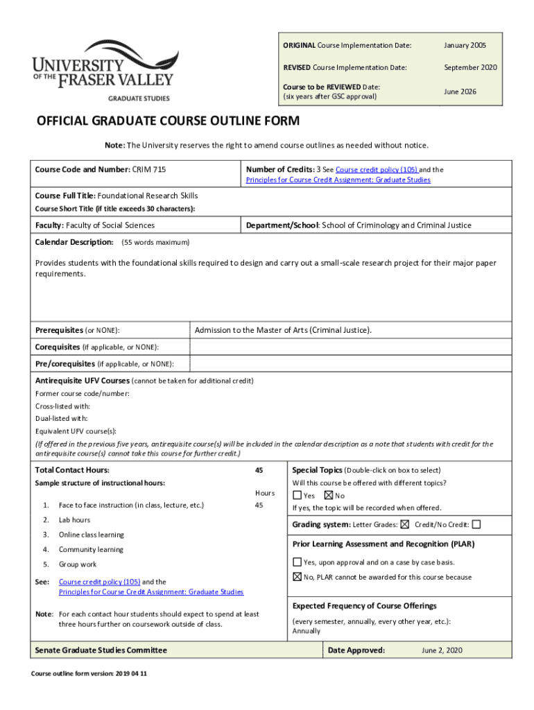 Fillable Online REVISED Course Implementation Date: Fax Email Print - pdfFiller