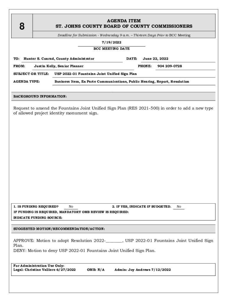 Fillable Online Request to amend the Fountains Joint Unified Sign Plan (RES 2021-500) in order ...