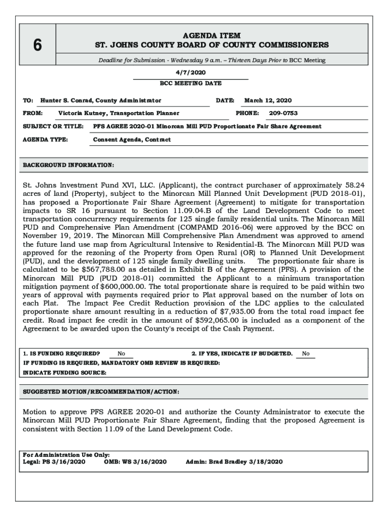 Fillable Online PFS AGREE 2020-01 Minorcan Mill PUD Proportionate Fair ...