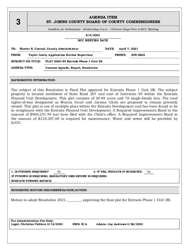 Fillable Online The subject of this Resolution is Final Plat approval ...