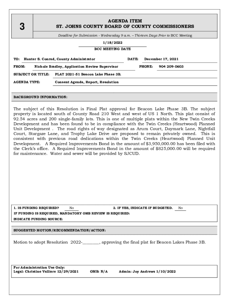 Fillable Online The subject of this Resolution is Final Plat approval for Beacon Lake Phase 3B ...