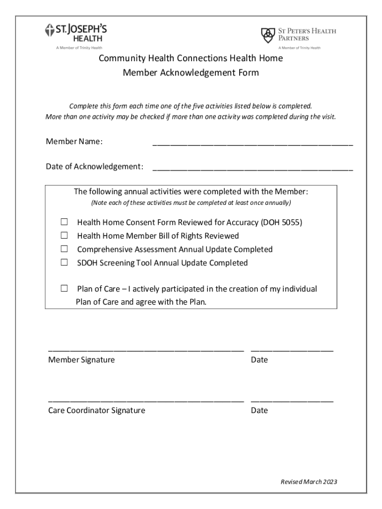 Fillable Online Health Home Care Management Acknowledgement Sheet Fax ...