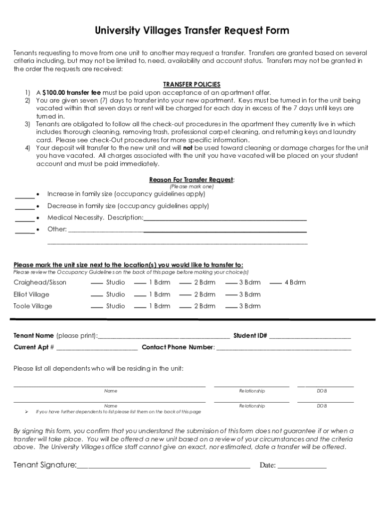 Fillable Online University Villages Transfer Request Form Fax Email ...