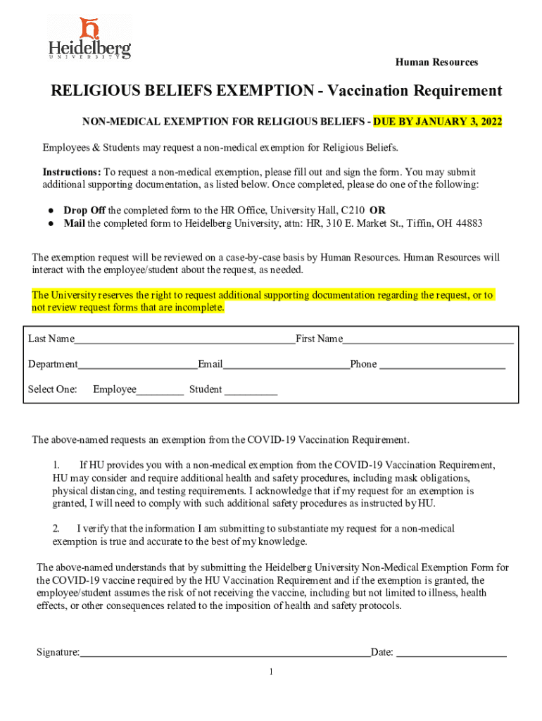 Fillable Online RELIGIOUS BELIEFS EXEMPTION - Vaccination Requirement ...
