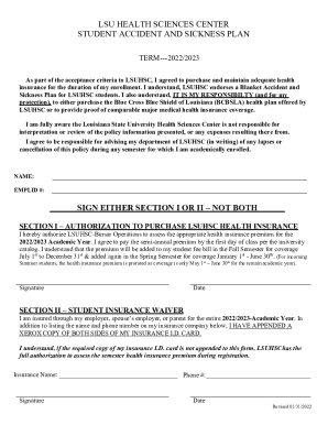 Fillable Online nursing lsuhsc Student Accident and Sickness Plan Form ...