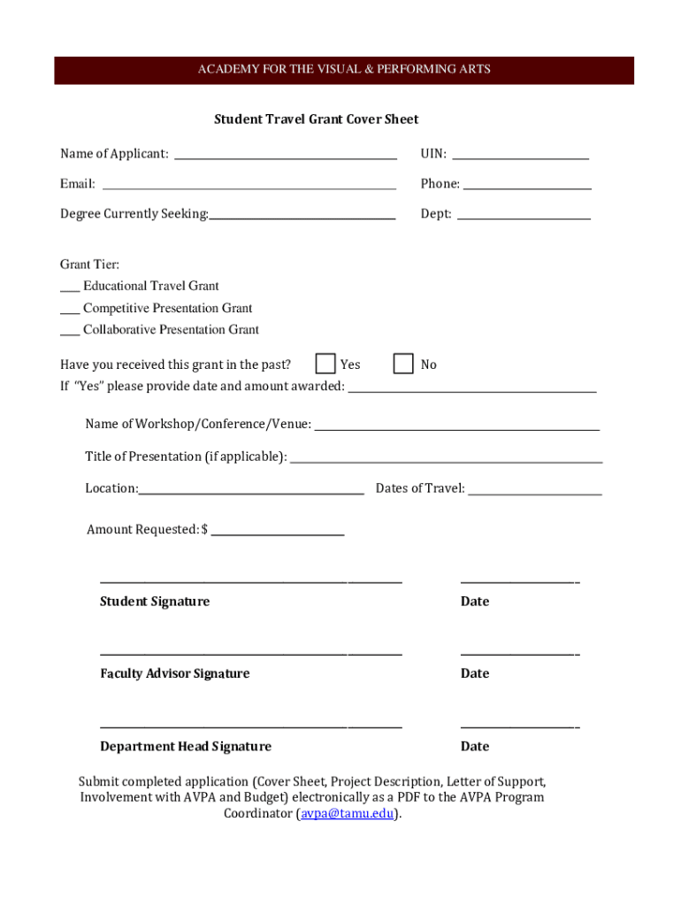 Fillable Online academyarts tamu Student Travel Grant Cover Sheet Name of Applicant: UIN: Fax ...