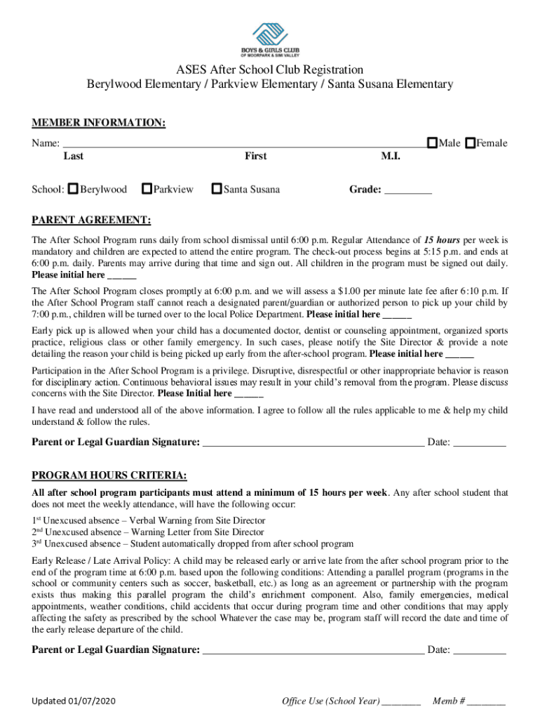 Fillable Online After School Programs - Park View Elementary School Fax ...