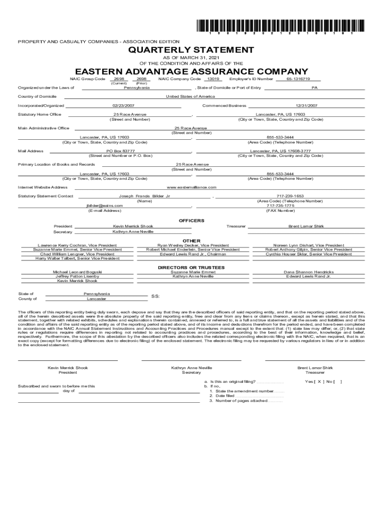 Fillable Online 13019 EASTERN ADVANTAGE ASSURANCE COMPANY Original Filing Quarter 1 Original ...