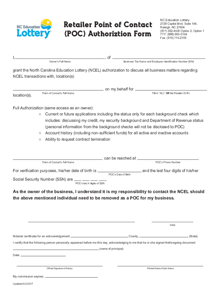 Fillable Online Retailer Point of Contact POC Authorization Form - nc ...
