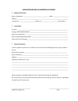 Fillable Online APPLICATION FOR ISSUE OF SUMMONS TO A WITNESS A ... Fax ...