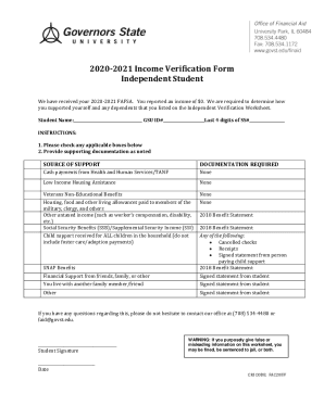 Fillable Online 2020-2021 Income Verification Form Independent Student ...