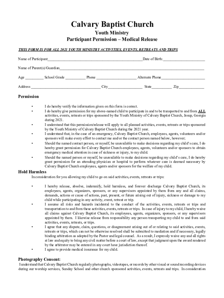 Fillable Online 19 Printable church youth permission form Templates Fax ...